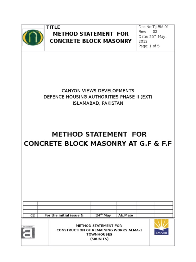METHOD STATEMENT FOR CONCRETE BLOCK MASONRY | PDF | Masonry | Mortar (Masonry)
