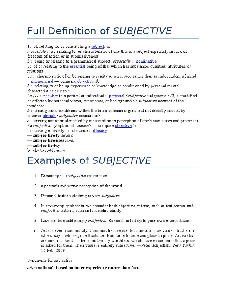 Full Definition of SUBJECTIVE | Verb | Grammatical Tense
