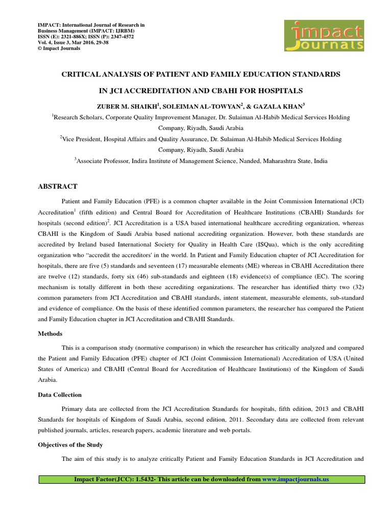 CRITICAL ANALYSIS OF PATIENT AND FAMILY EDUCATION STANDARDS IN JCI ...