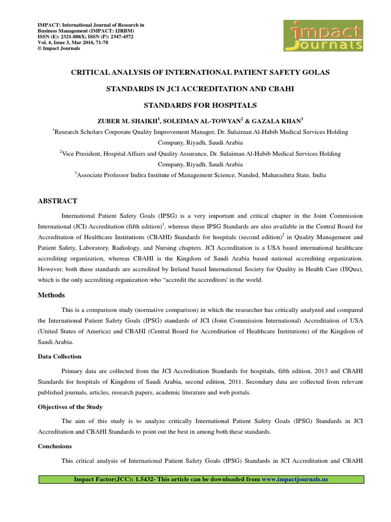 Critical Analysis of International Patient Safety Golas Standards in ...