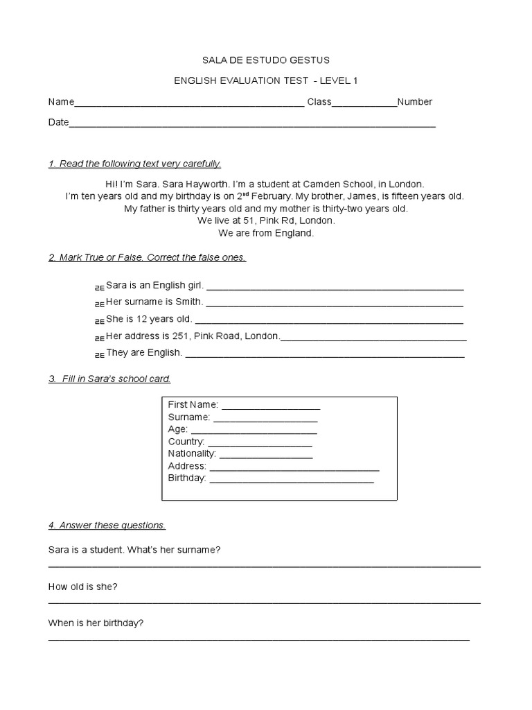 Level 1 English Evaluation Test | PDF