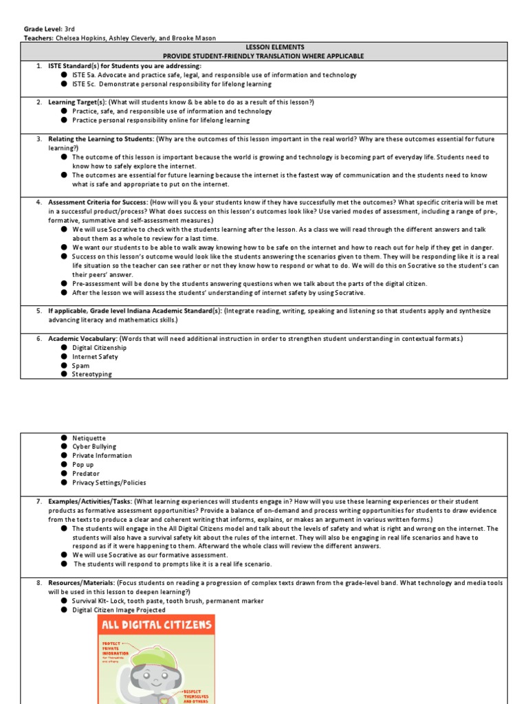 3rd Grade Digital Citizenship Lesson | PDF | Educational Assessment ...