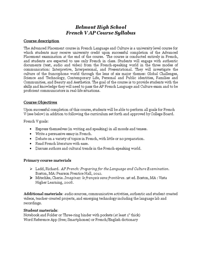 Ap French Syllabus - Student 1 | PDF | Advanced Placement | Homework