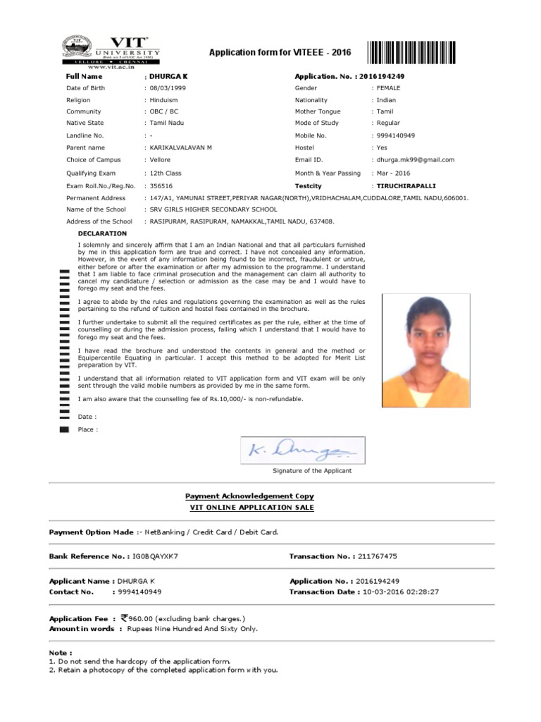 Application Form For VITEEE - 2016: Full Name Dhurga K Application. No ...