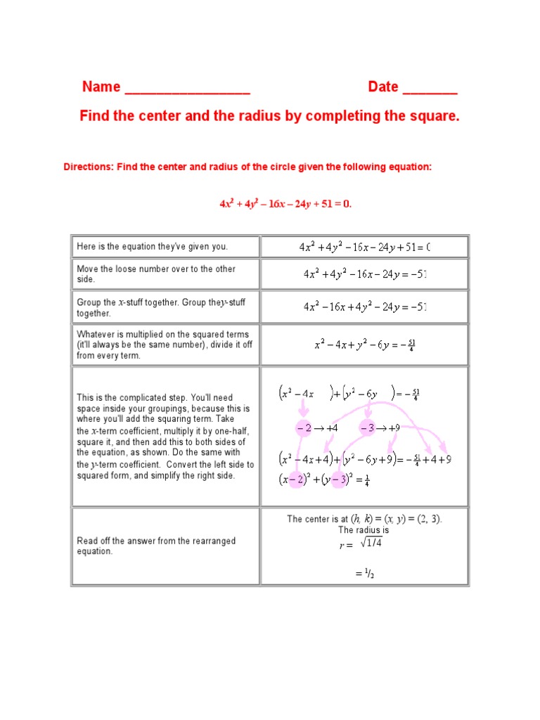 Equation of A Circle... Find The Center & Radius..complete The Square ...