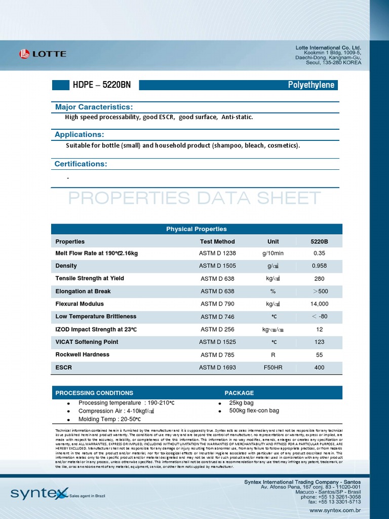 Properties Data Sheet: HDPE - 5220BN | PDF | Home & Garden