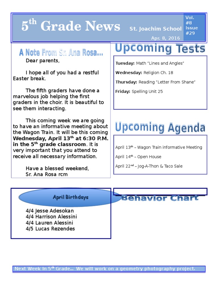 5th Grade Weekly Update: April 2016 | PDF