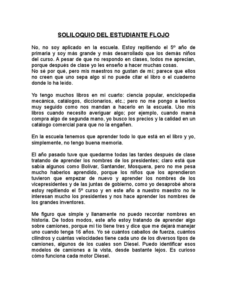 Lectura Soliloquio de Un Estudiante Flojo | PDF | Camión | Motor diesel