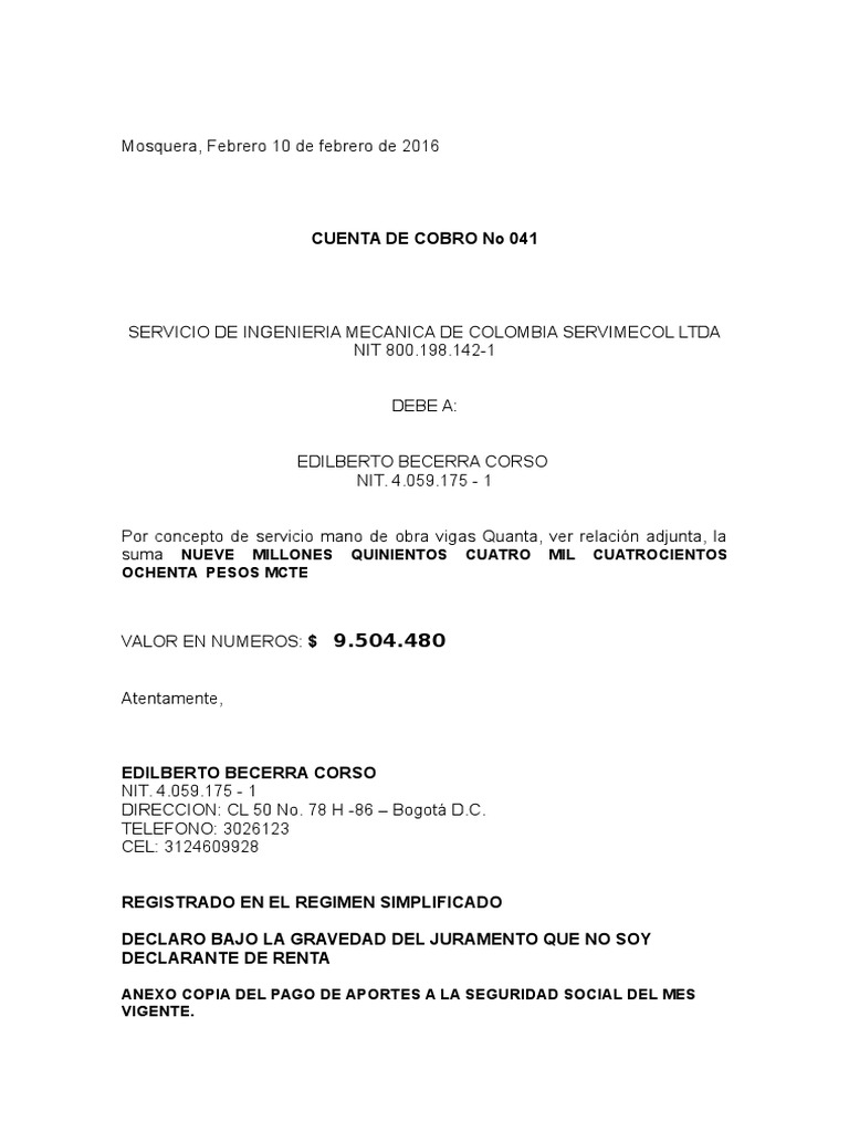 Formato Cuenta de Cobro | PDF