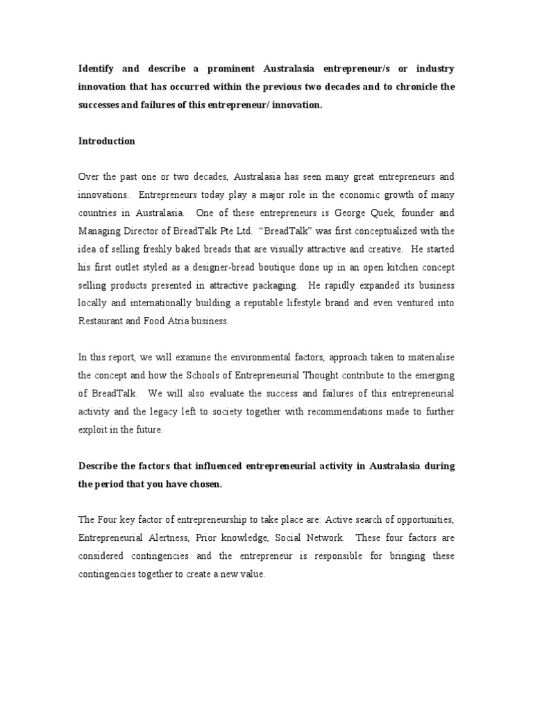Entrepreneurship Assignment On Breadtalk | PDF | Entrepreneurship ...