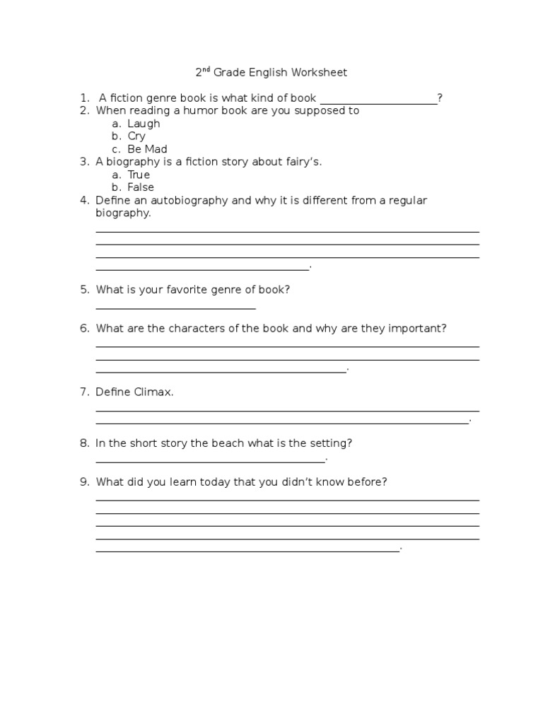 2nd Grade English Worksheet | PDF | Books