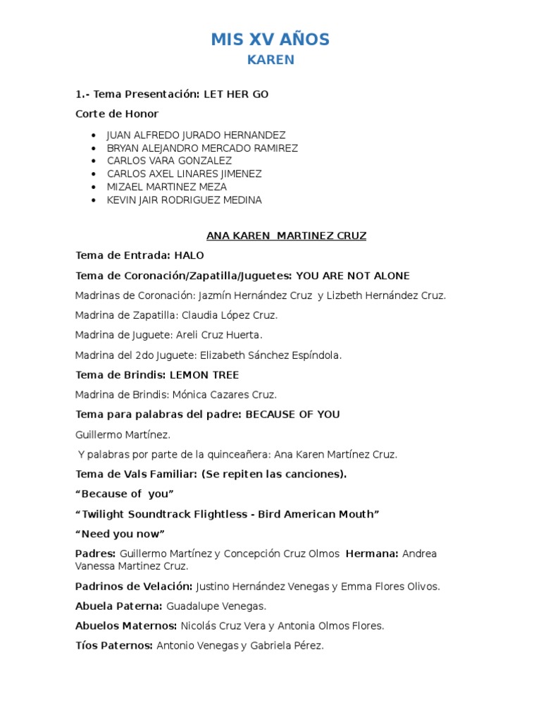 Programa XV Años . | PDF