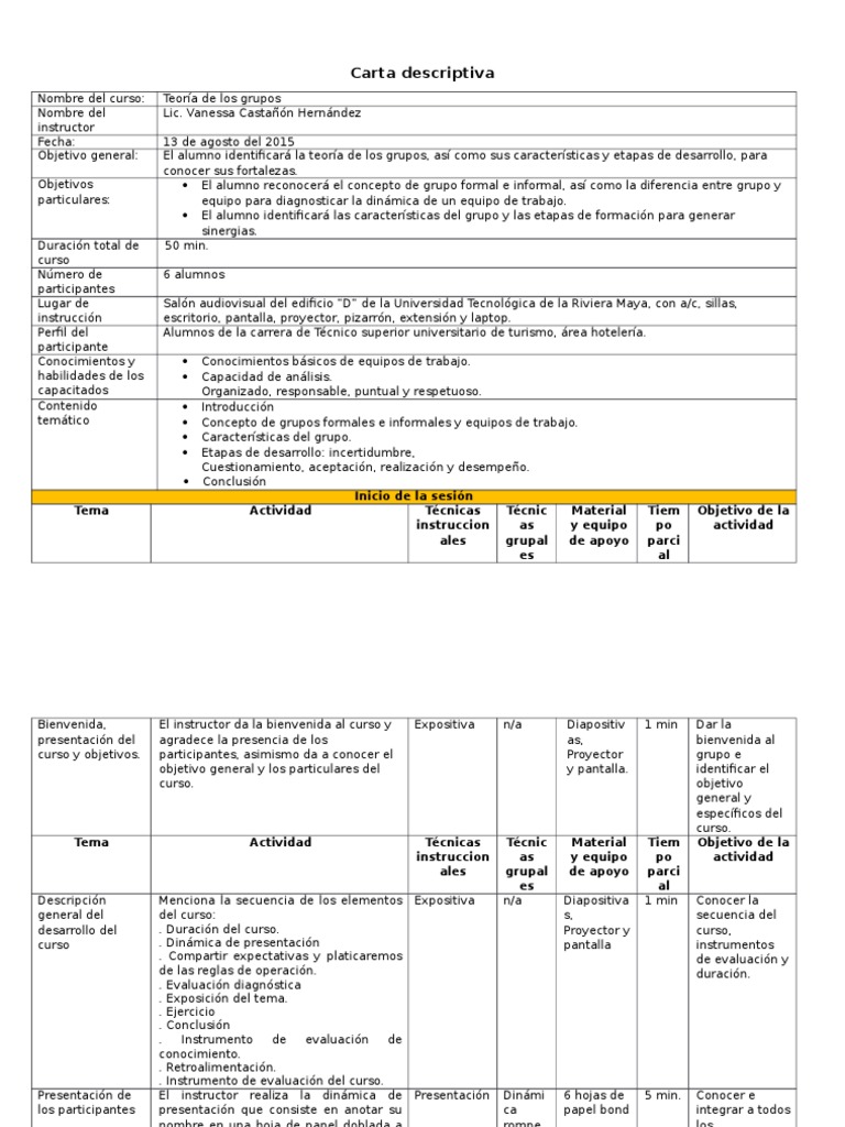 Carta Descriptiva De Un Proyecto Formatos Y Ejemplos Word Para Imprimir/carta Descriptiva De Un ...