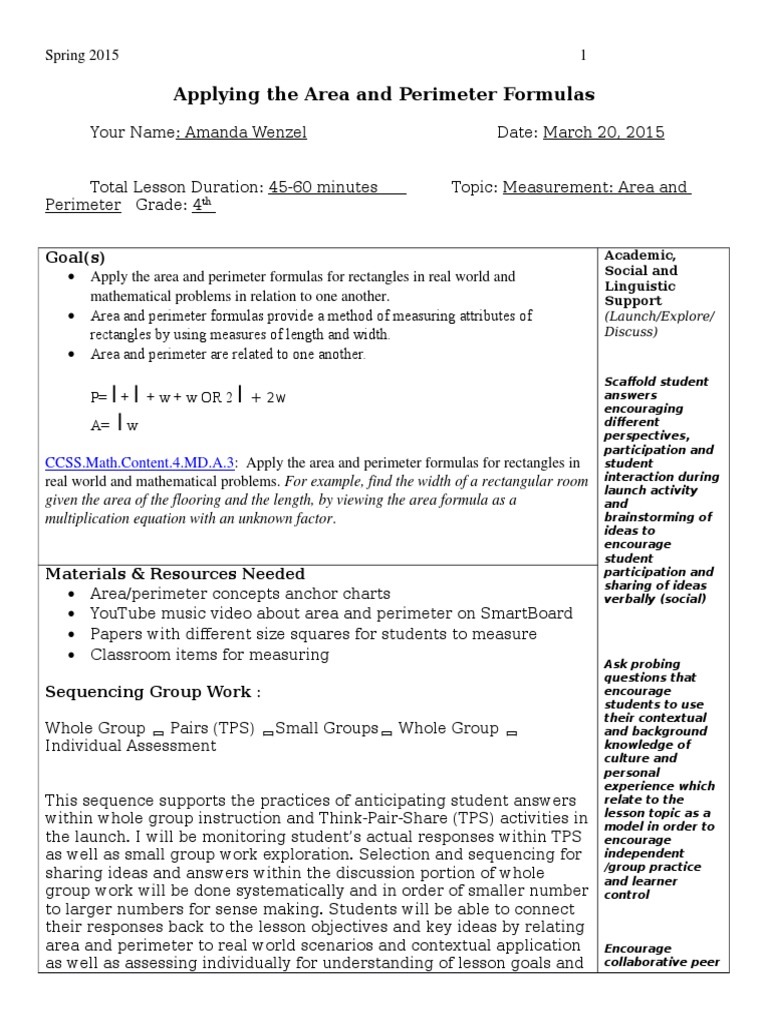 Fourth Grade Math Area and Perimeter Lesson Plan | PDF | Area | Cognition