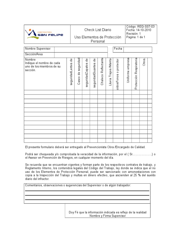 Reg-Sst-03 Check-List Uso de Epp | PDF