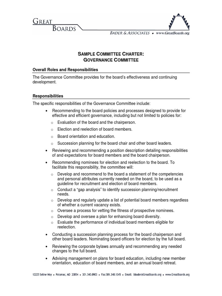 Sample Committee Charter Governance Committee Charter July 2008 | PDF ...