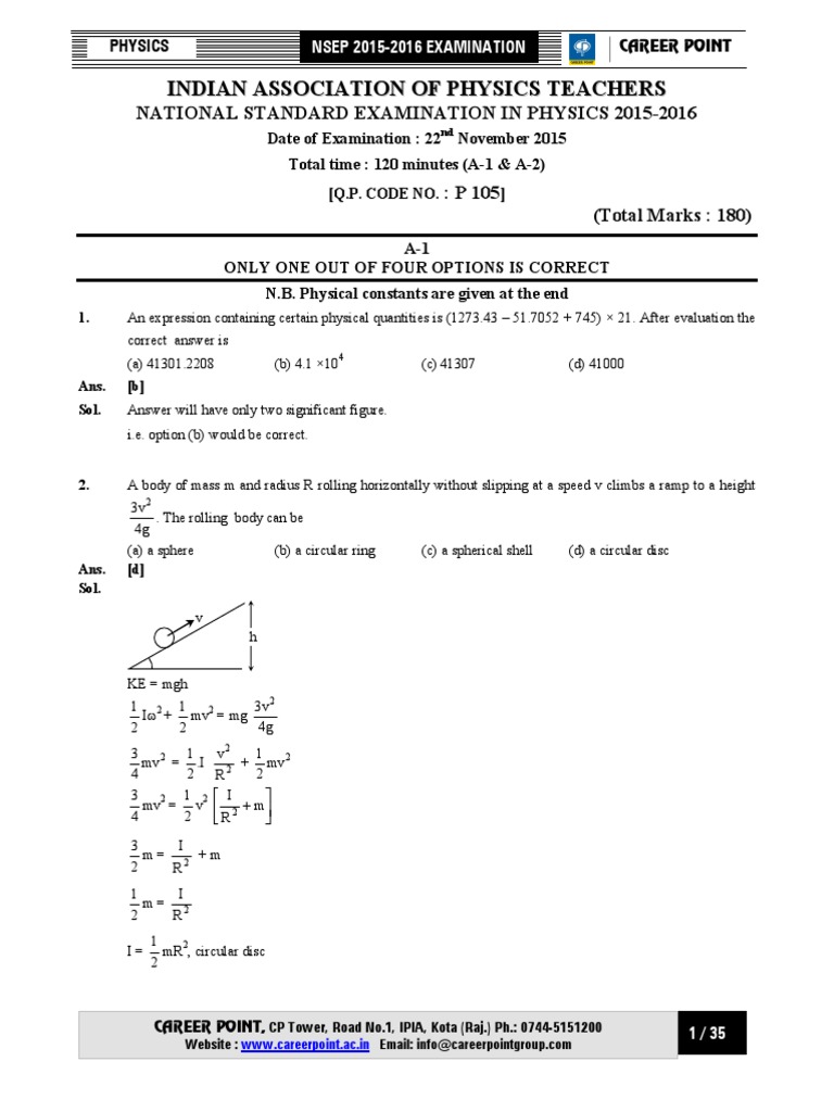National Standard Examination in Physics 2015 (22!11!2015) | PDF ...