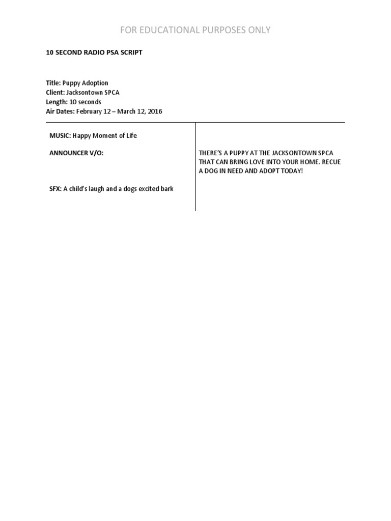 Puppy Adoption PSA Script | PDF | Art