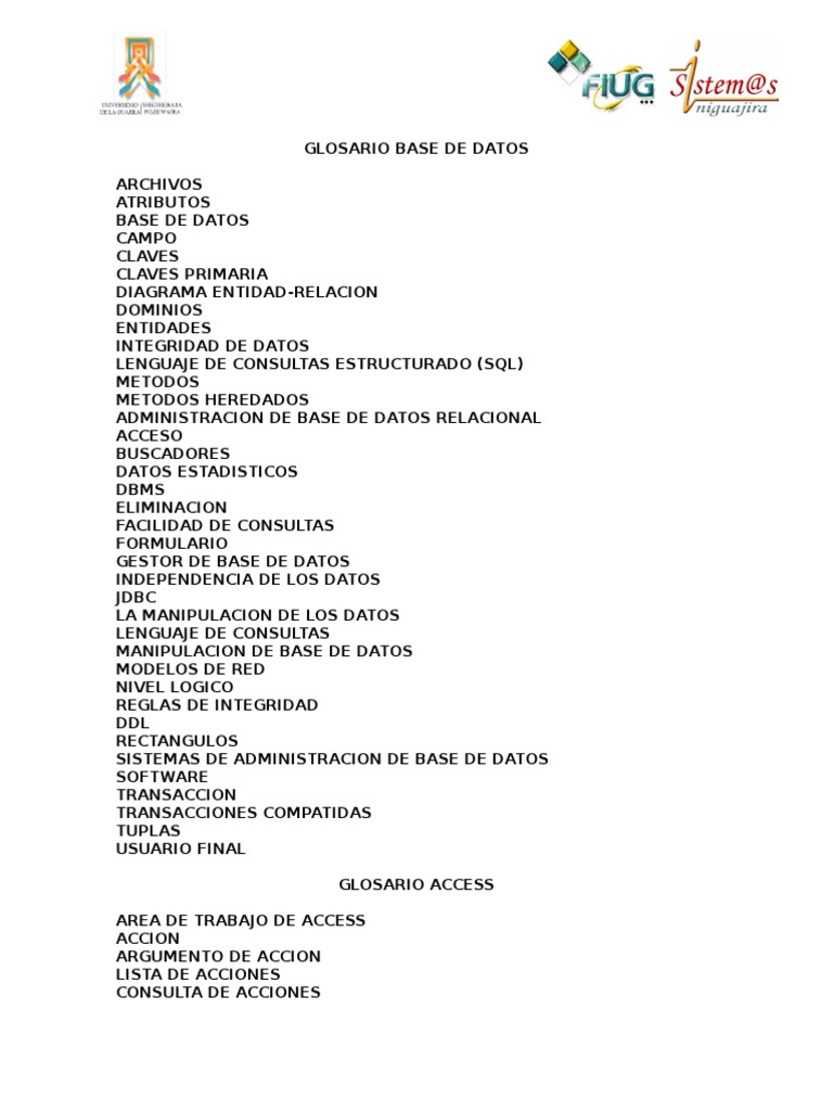 Glosario Base de Datos | PDF | SQL | Bases de datos