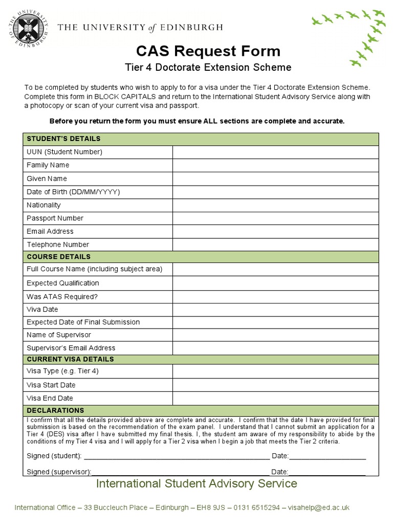 CAS Request Form: Tier 4 Doctorate Extension Scheme | PDF | Doctor Of ...