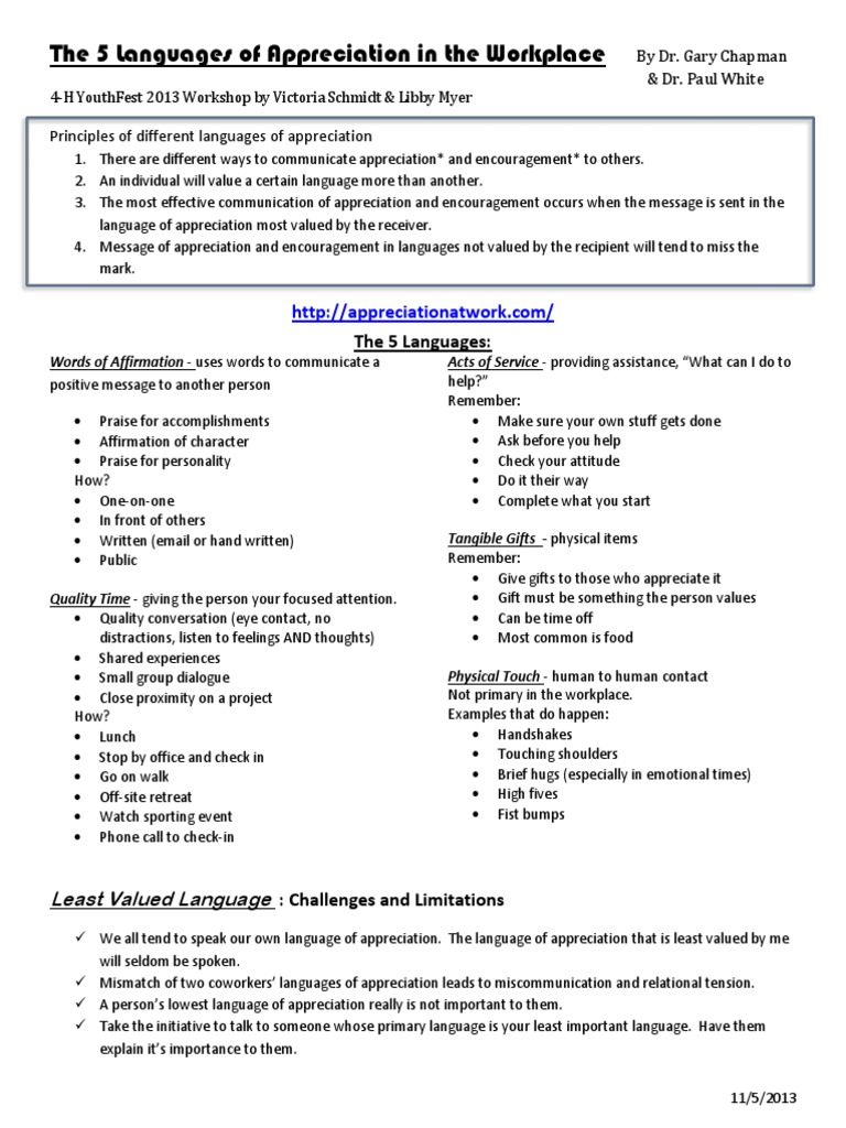 The 5 Languaes of Appreciation in The Workplace | PDF | Communication ...