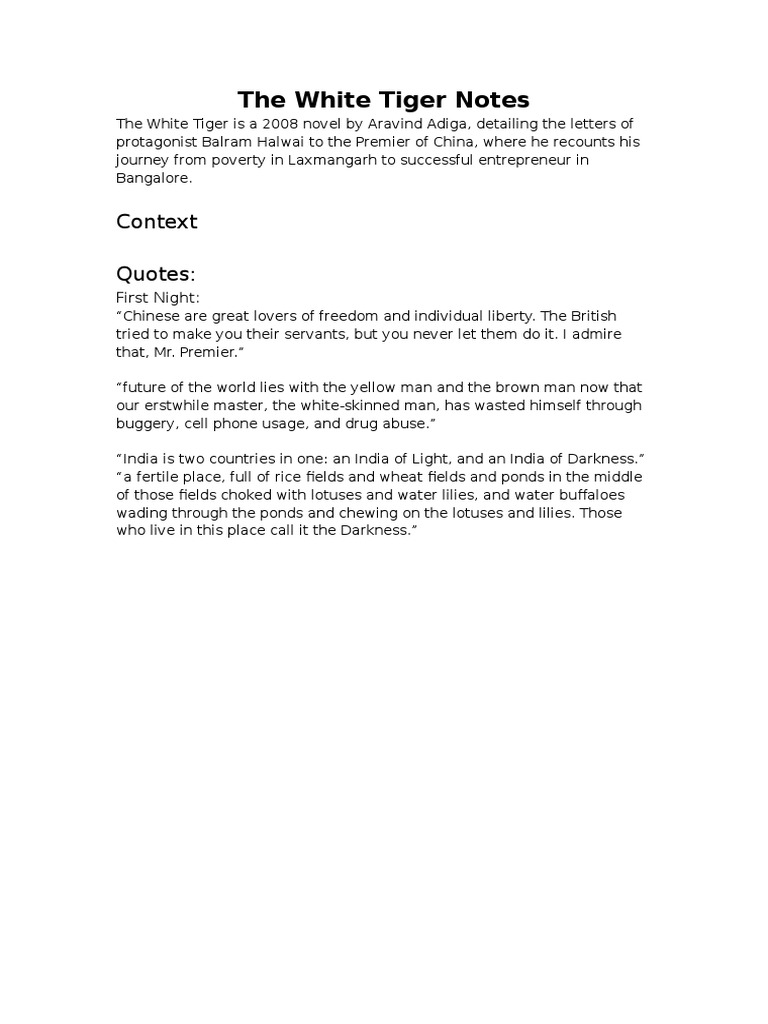 The White Tiger Notes | PDF