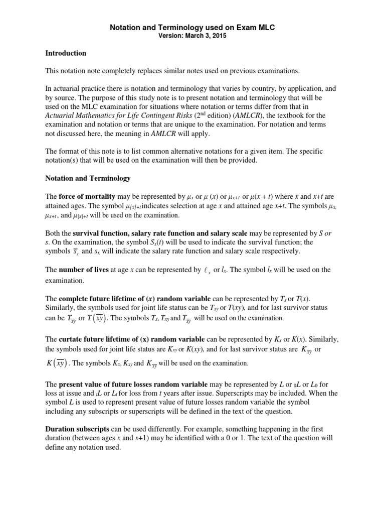 Edu 2014 Spring MLC Notation | PDF | Insurance | Applied Mathematics