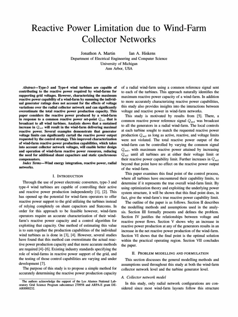 Reactive Power Limitation Due To Wind-Farm Collector Networks | PDF ...