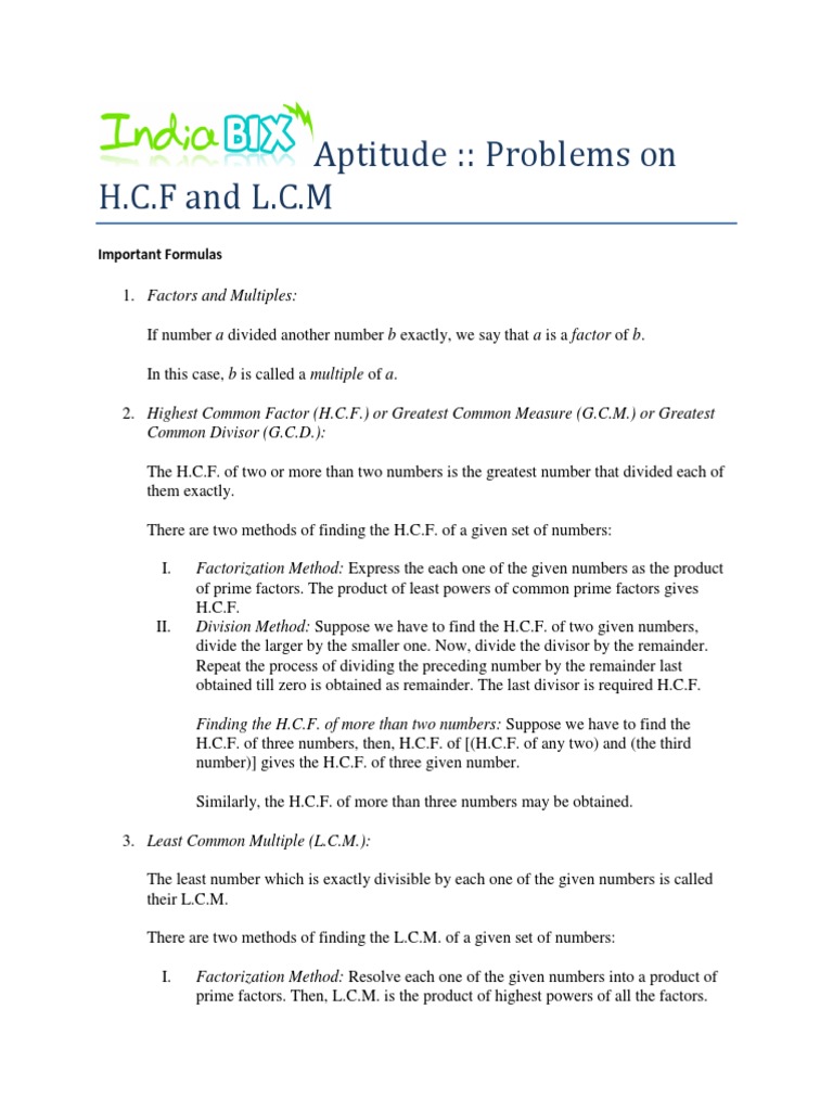 Aptitude:: Problems On H.C.F and L.C.M: Important Formulas | PDF | Fraction (Mathematics ...