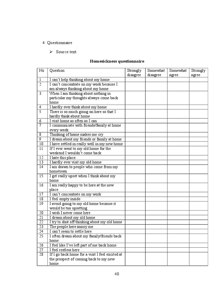 Homesickness Questionnaire | PDF