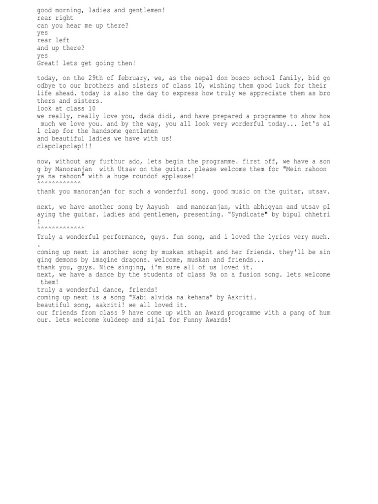 Emcee Script For School Class X Farewell | PDF | Entertainment (General)