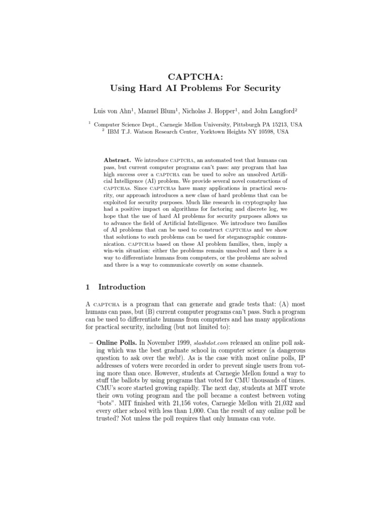 Captcha: Using Hard AI Problems For Security | PDF