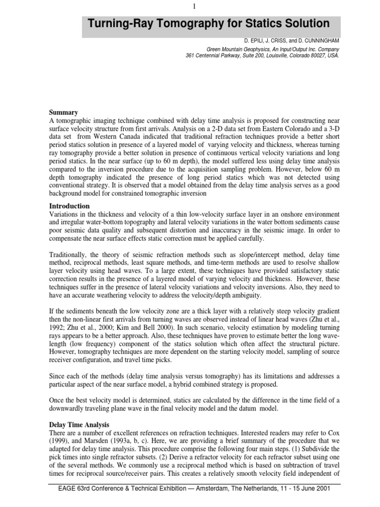 Turning-Ray Tomography For Statics Solution | Download Free PDF ...
