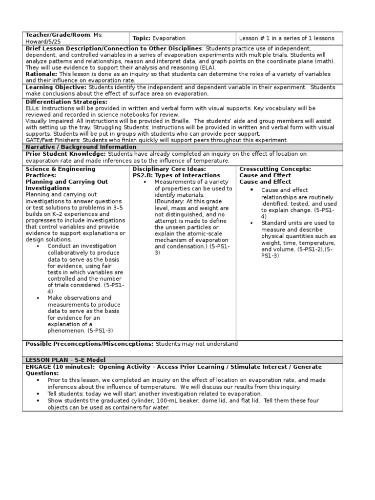 5e Lesson Plan 20 22 October | PDF | Evaporation | Mass