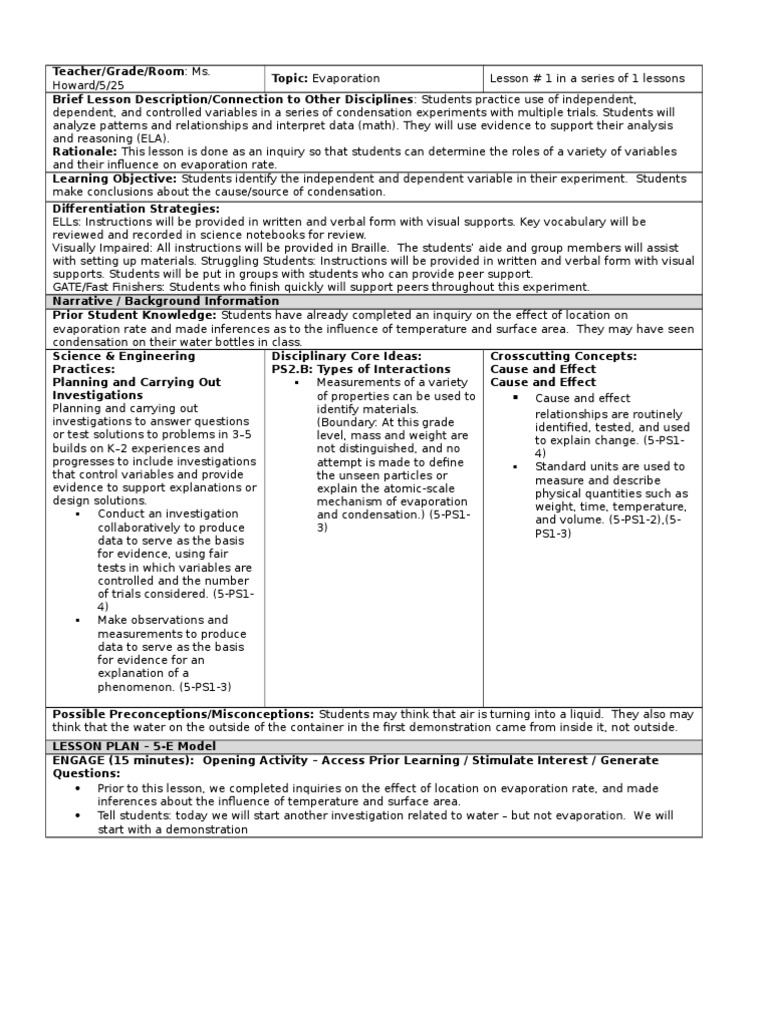 5th Grade Condensation Experiment Plan | PDF | Water Vapor | Condensation