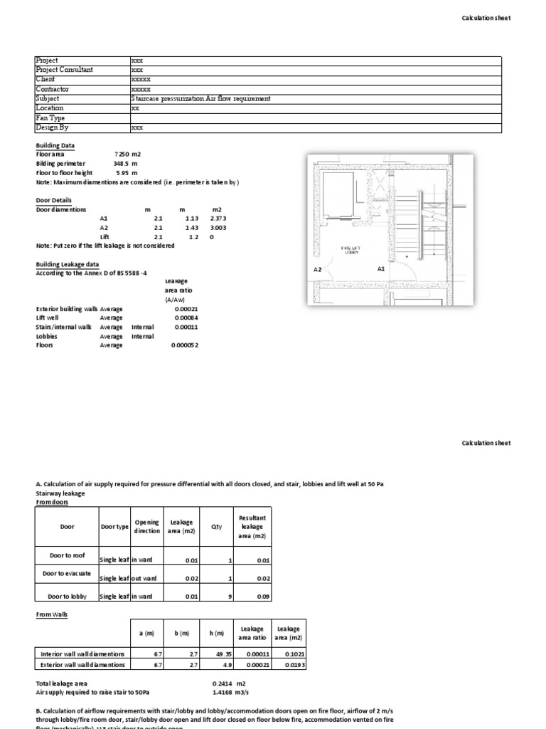 Staircase Pressurization Calculation Sheet | Elevator | Stairs