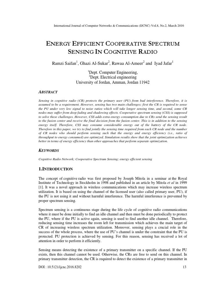 Energy Efficient Cooperative Spectrum Sensing In Cognitive Radio Pdf Cognitive Radio