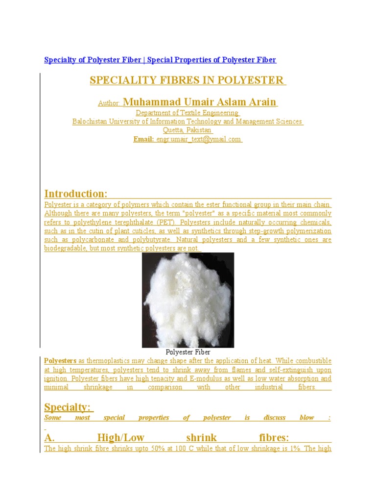 Speciality of Polyster Fiber | PDF | Polyester | Manmade Materials