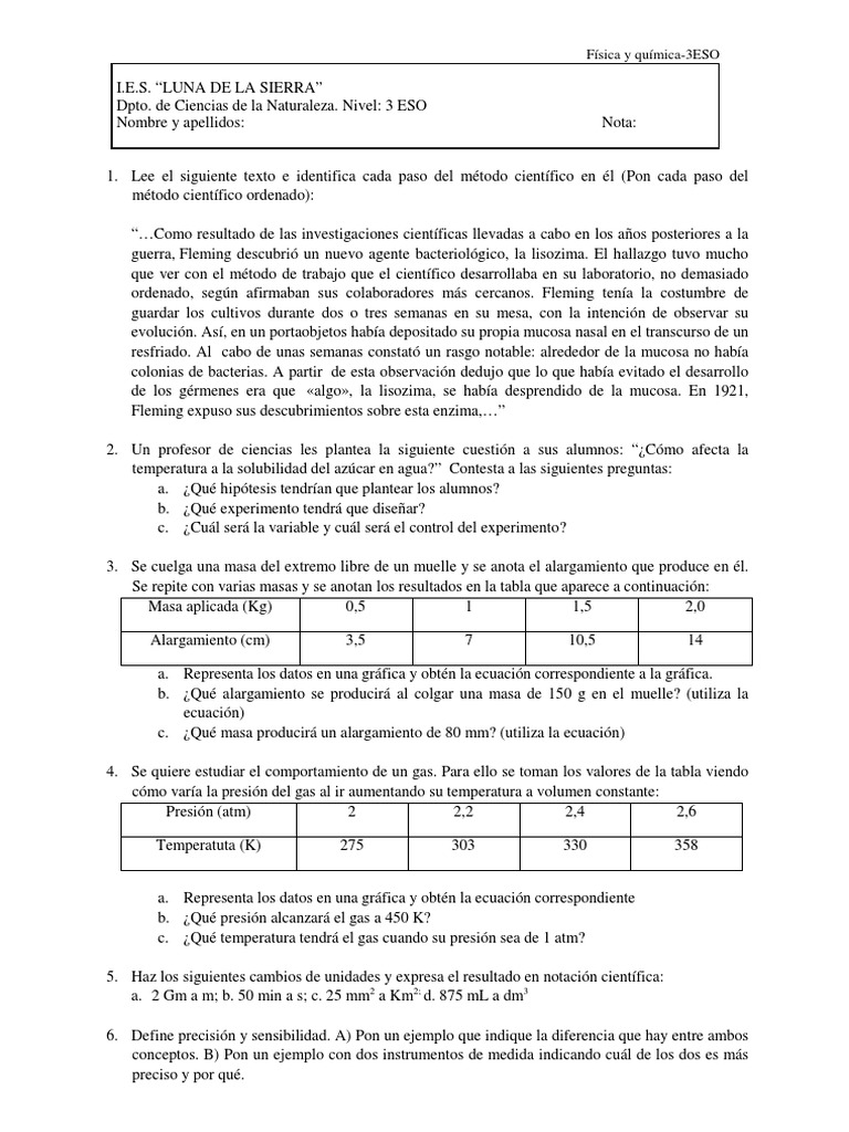 Examen Metodo Cientifico 3eso | PDF | Método científico | Gases