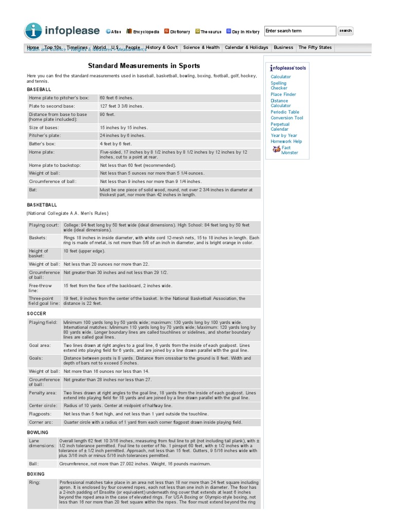 Standard Sports Measurements Guide | PDF | Baseball Field | Sports