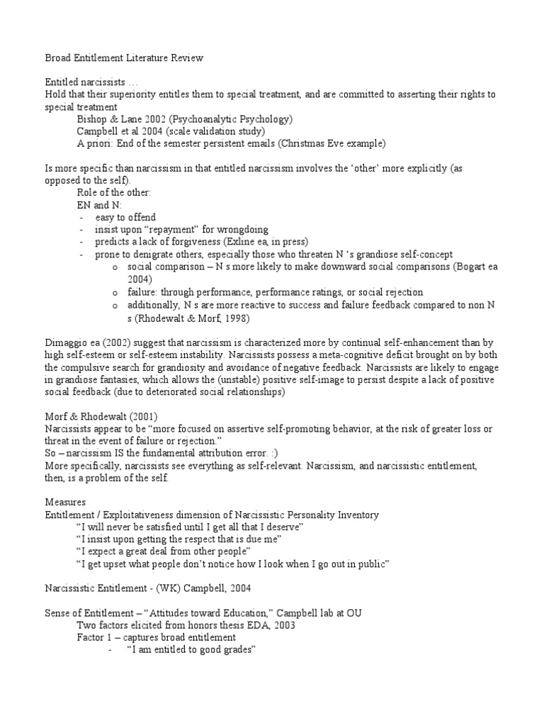 Brief Literature Review of Entitlement in Personality/Social Psychology ...