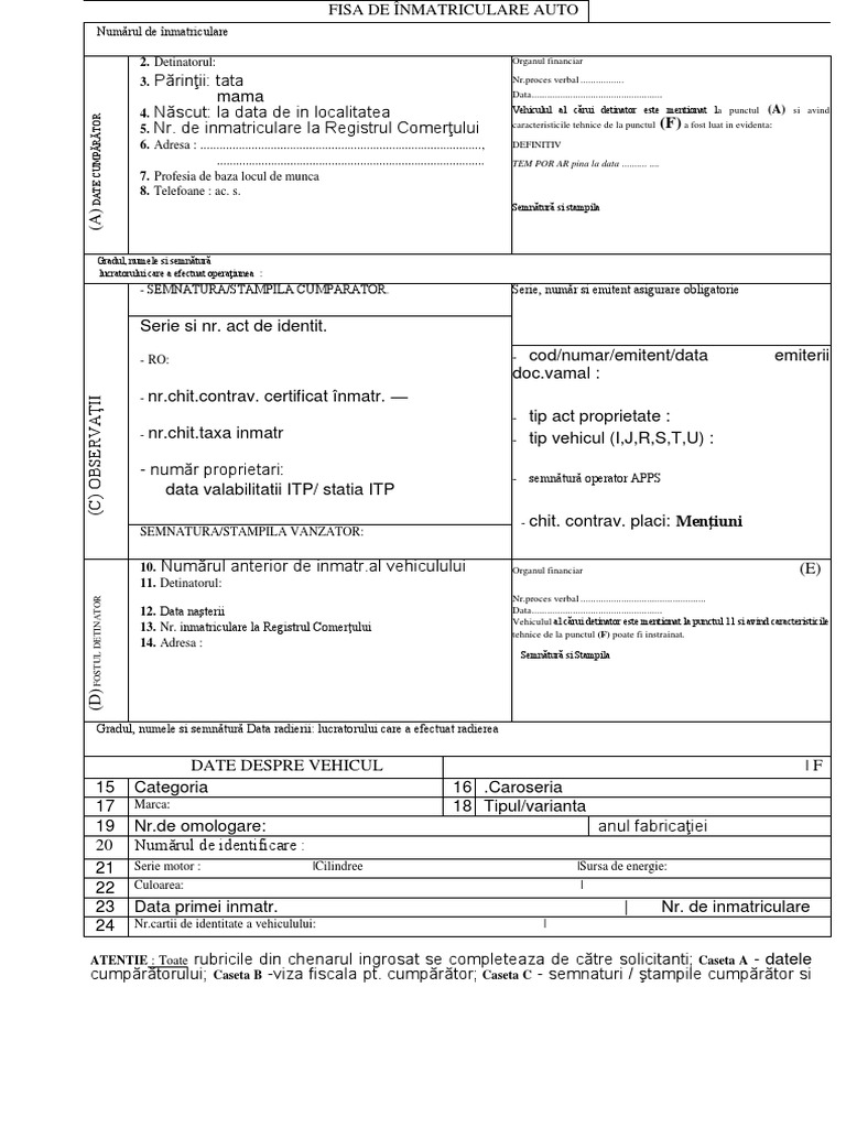 Fisa de Înmatriculare Auto Model | PDF