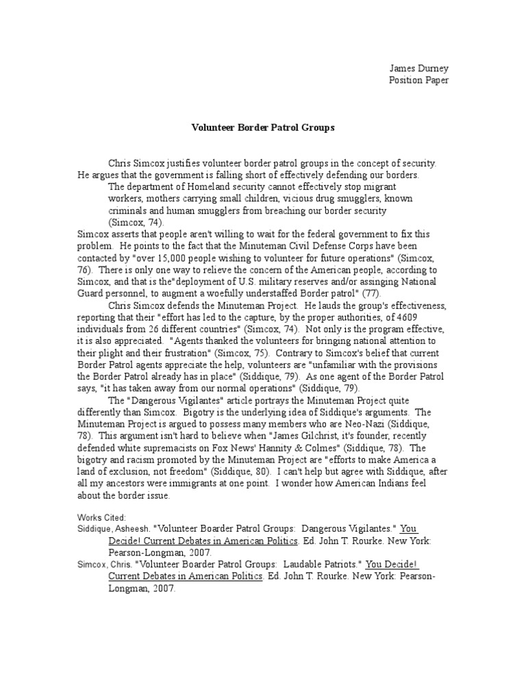 Position Paper: (Volunteer Border Patrol) | PDF | United States Border ...
