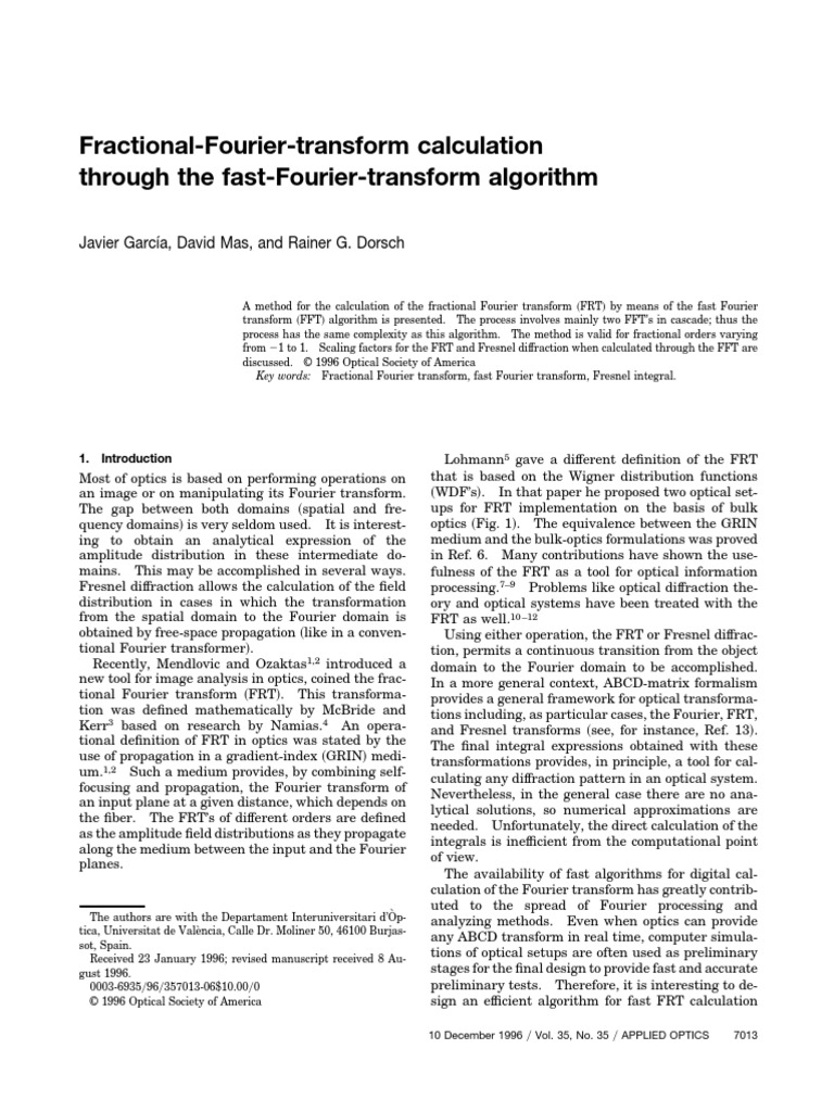 Fractional-Fourier-transform Calculation Through The Fast-Fourier-Transform Algorithm | PDF ...