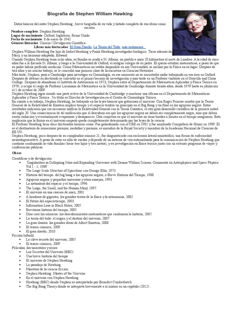 Biografía de Stephen William Hawking | PDF | Stephen Hawking ...