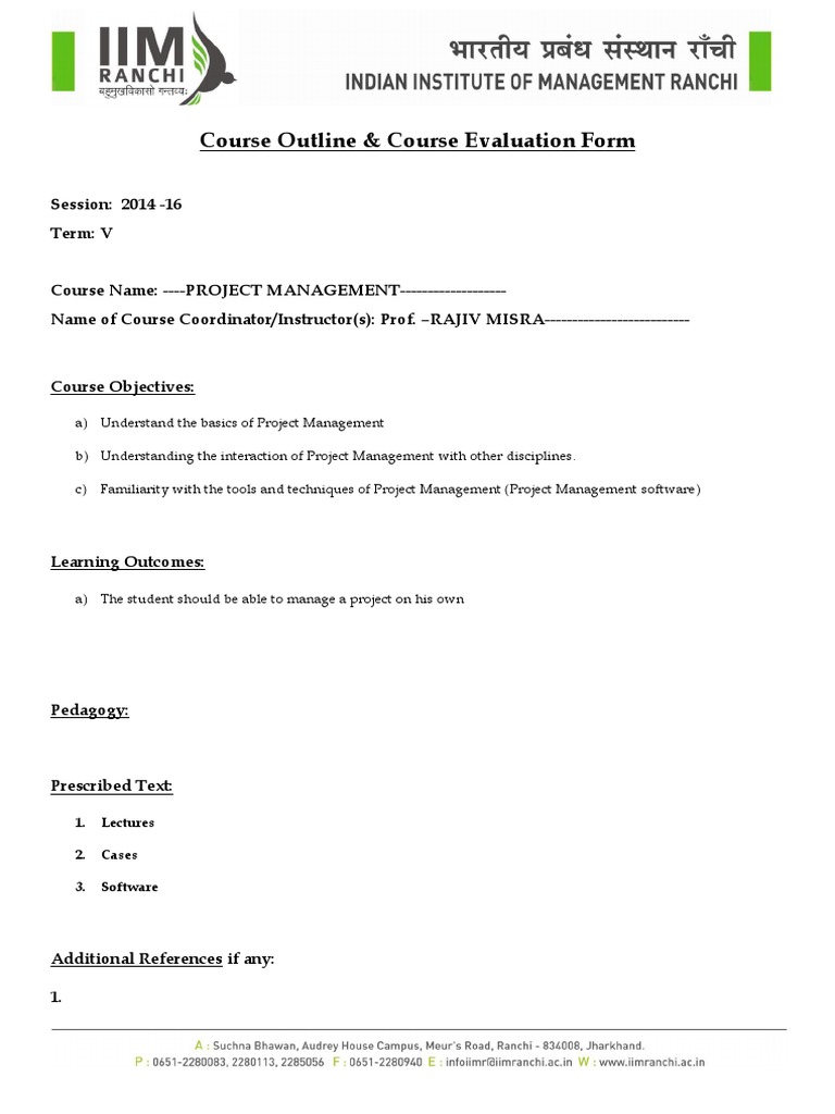 Course Outline Project Management 2016 Rajiv Misra | PDF | Course ...