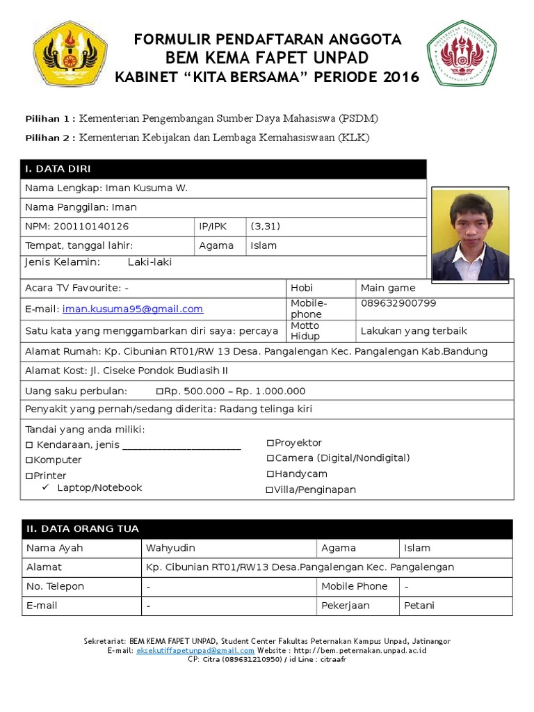 Formulir Pendaftaran Anggota BEM Kema FAPET Unpad 2016 Kabinet Kita ...