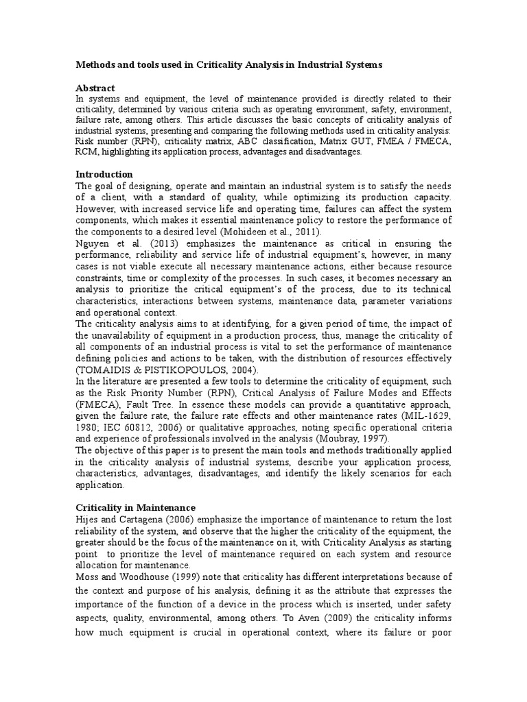 Methods and Tools Used in Criticality Analysis in Industrial Systems ...