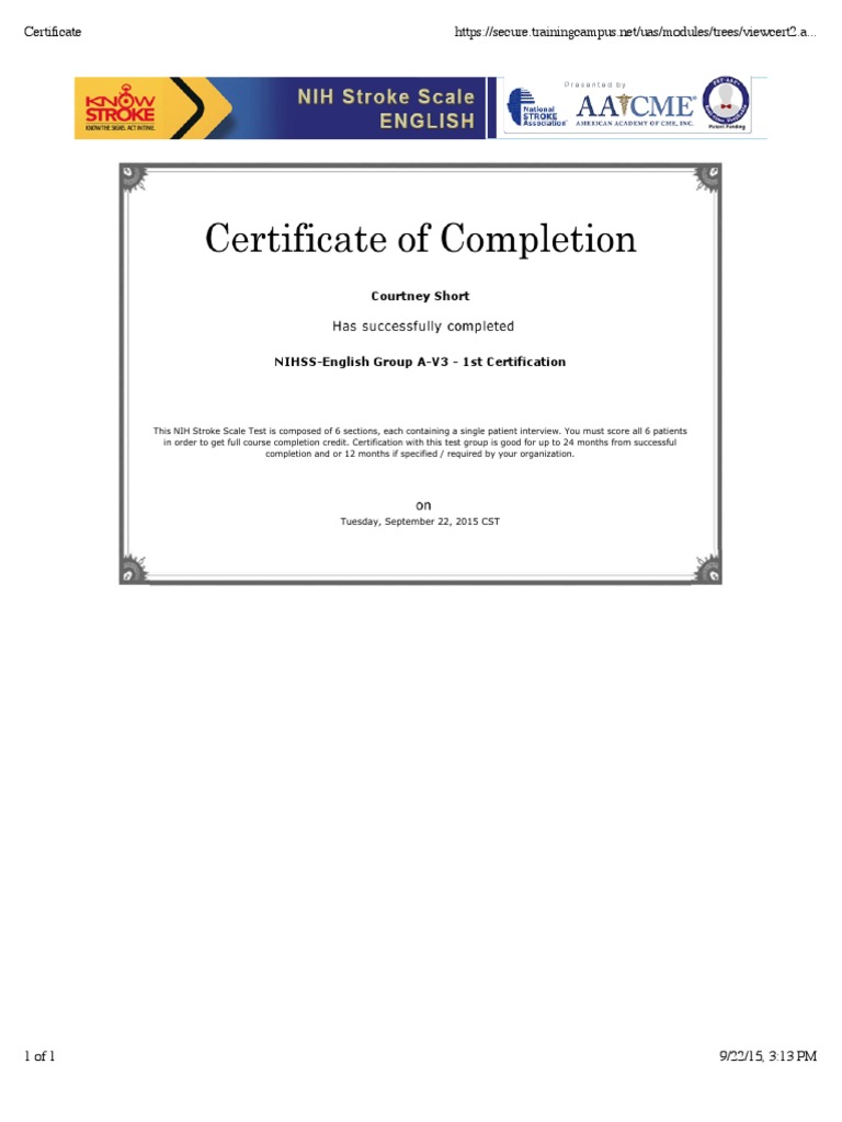 Nihss Certificate | PDF
