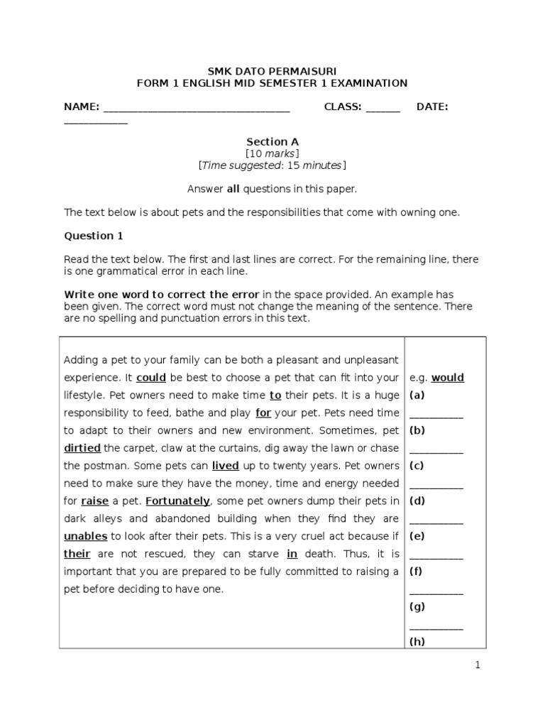 English Form 1 Mid Sem 1 Exam | PDF